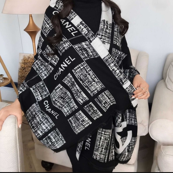 CHANEL | Accessories | Chanel Black White Pashmina Shawl Scarf Cashmere ...